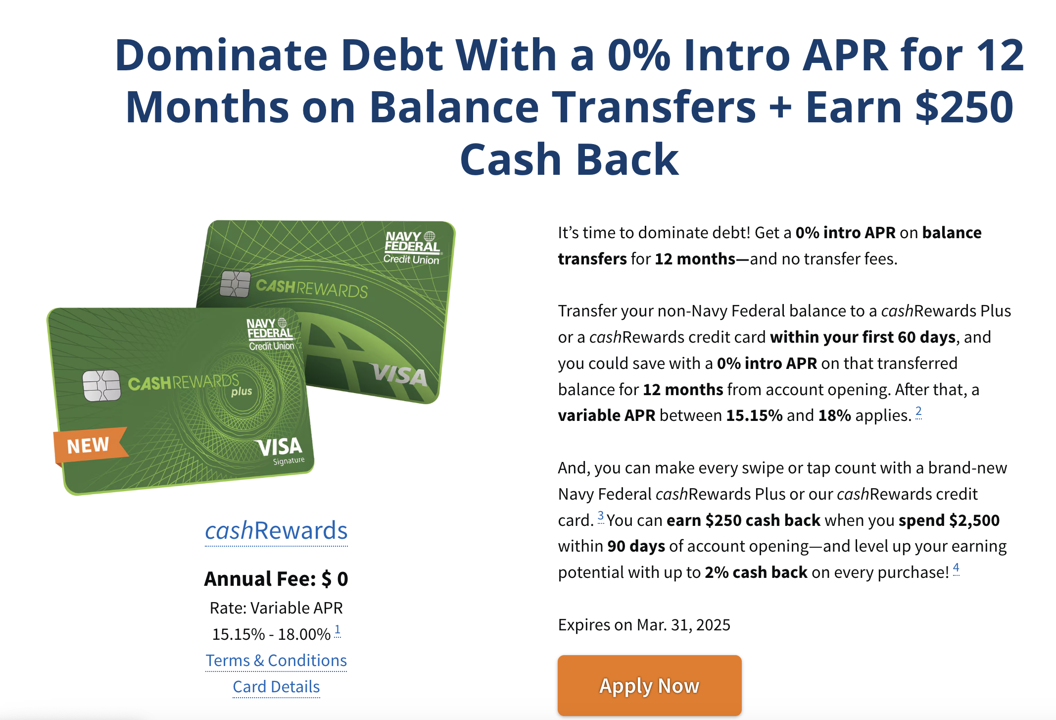 Navy Federal Credit Union (NFCU) cashRewards Credit Card: $250 Bonus and 0% APR On Balance ...
